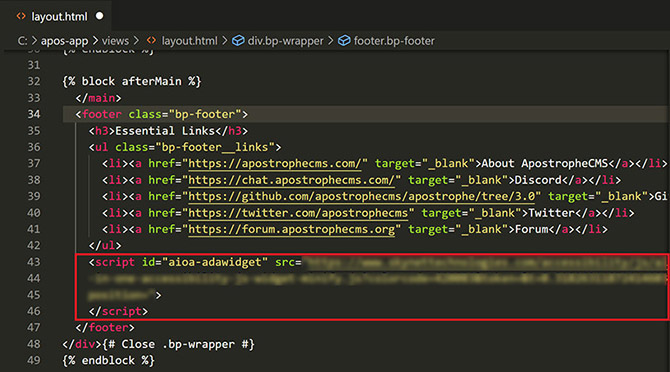 Apostrophe CMS website accessibility widget installation