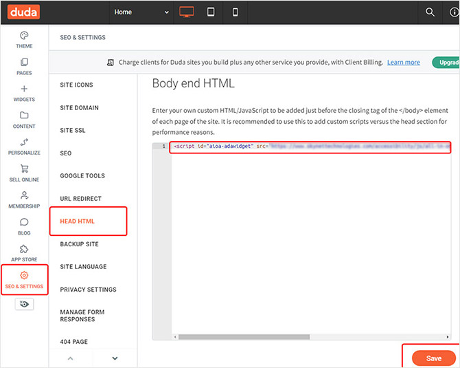 DUDA ADA WCAG compliant accessibility widget installation
