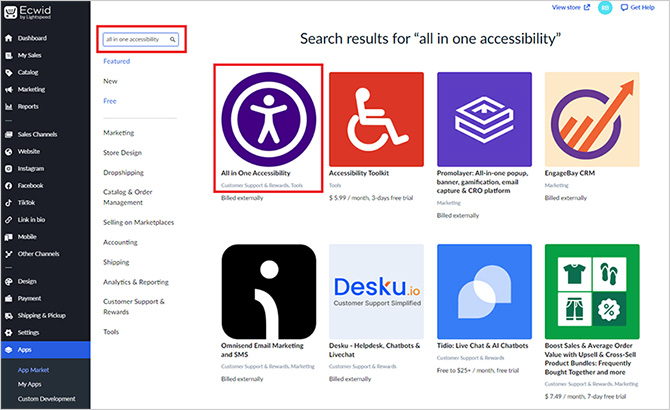 Ecwid web accessibility widget installation - All In One Accessibility