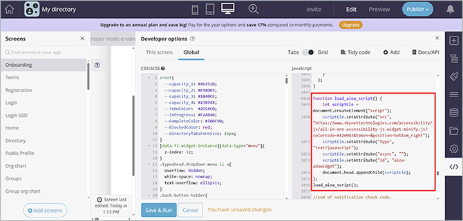 Fliplet web accessibility widget installation - All In One Accessibility