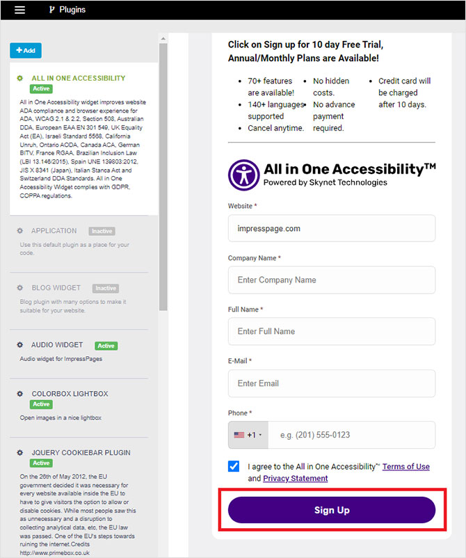ImpressPages website accessibility widget installation