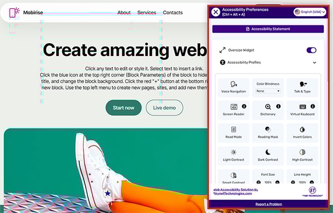Mobirise web accessibility widget installation - All In One Accessibility
