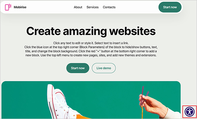 Mobirise web accessibility widget installation - All In One Accessibility