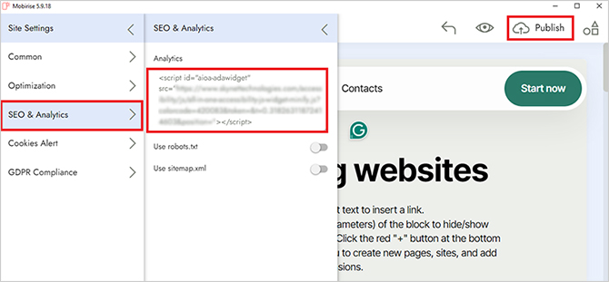 Mobirise web accessibility widget installation - All In One Accessibility