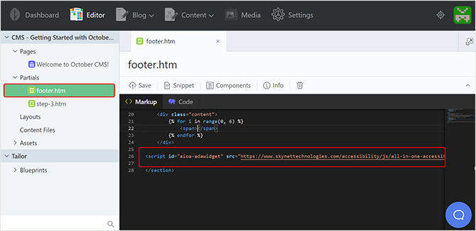 October CMS website accessibility widget installation