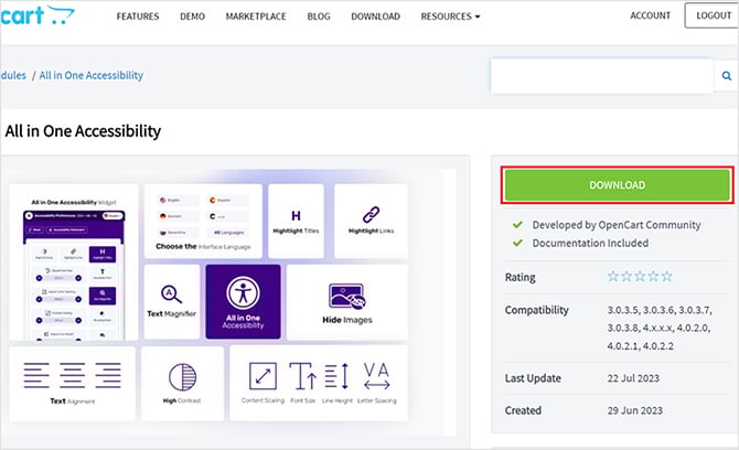 OpenCart ADA WCAG Accessibility widget installation