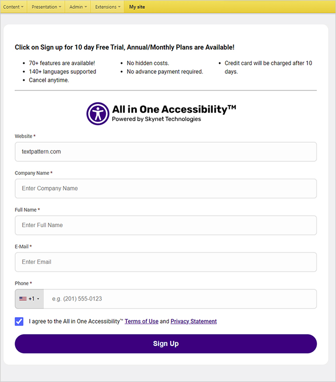 Textpattern website accessibility widget installation