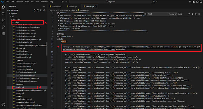 Vtiger web accessibility widget installation - All In One Accessibility