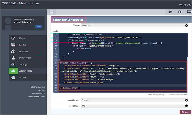 WBCE CMS web accessibility widget installation - All In One Accessibility