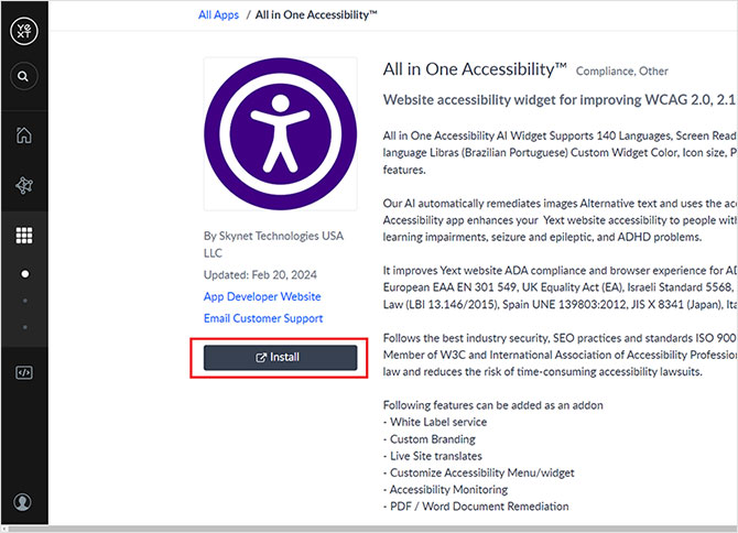 Yext web accessibility widget installation - All In One Accessibility