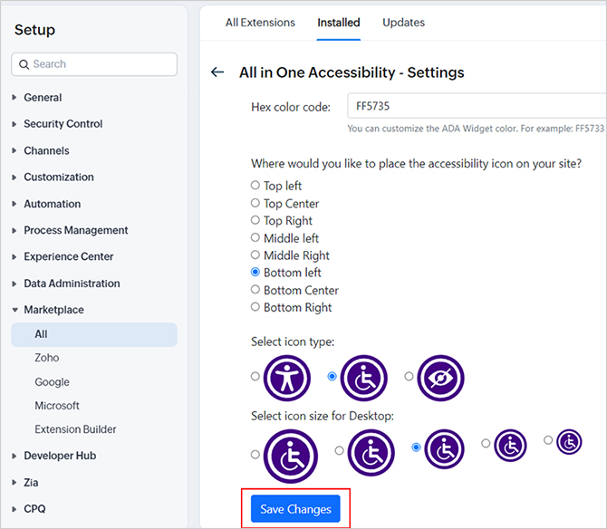 Zoho CRM web accessibility widget installation - All In One Accessibility