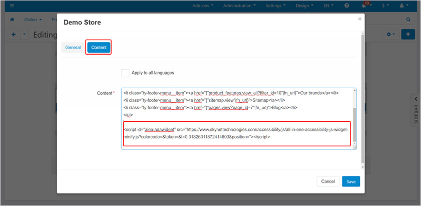 CS-Cart web accessibility widget installation - All In One Accessibility